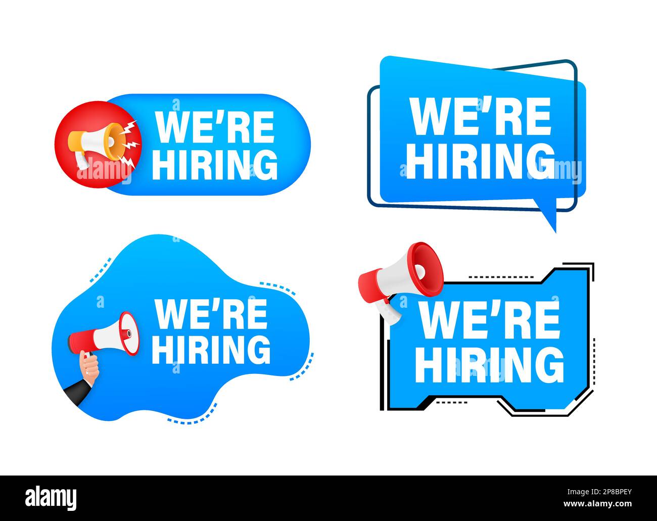 Megaphone label set with text We are hiring. Megaphone in hand ...