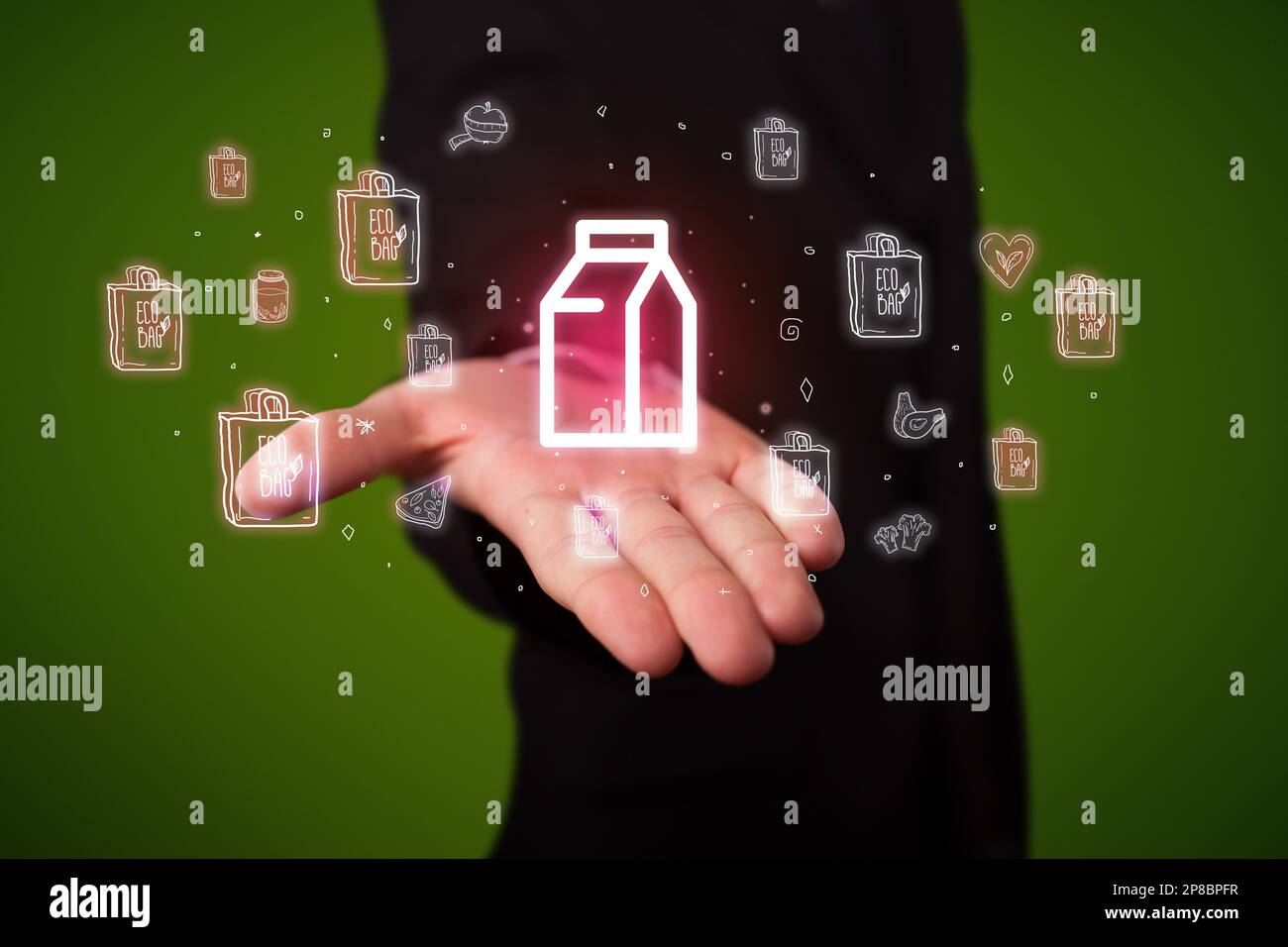 Hand holding food related icons Stock Photo - Alamy