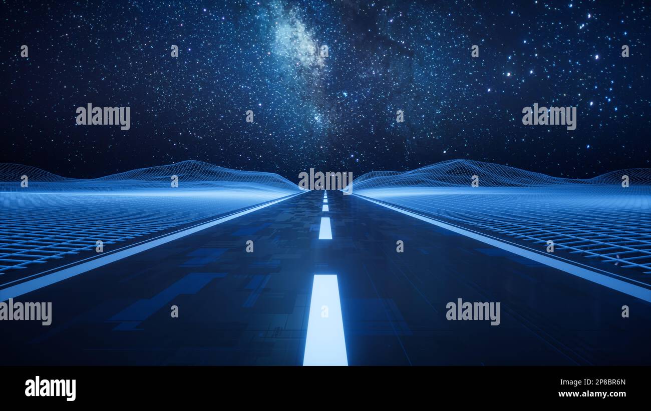 Highway road with digital space background, 3d rendering. Digital ...