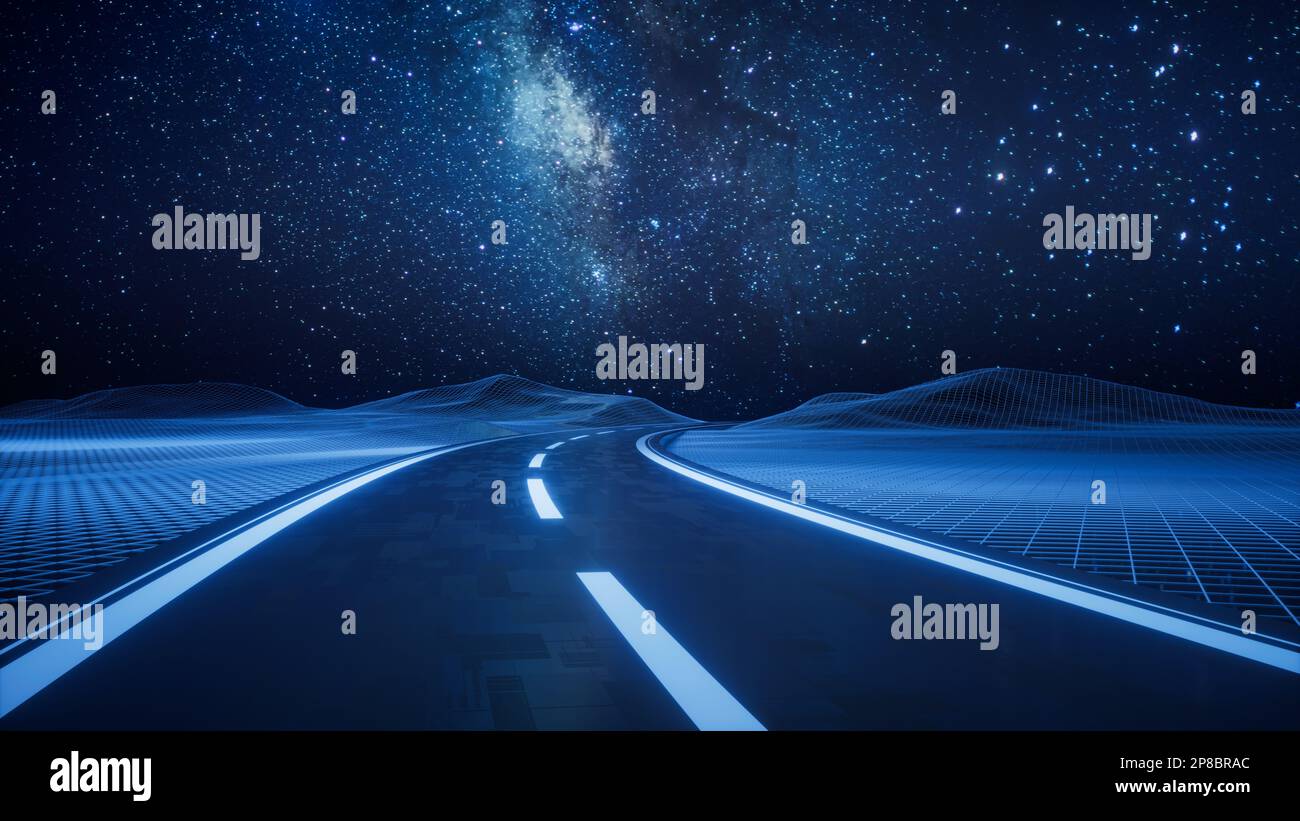 Highway road with digital space background, 3d rendering. Digital ...
