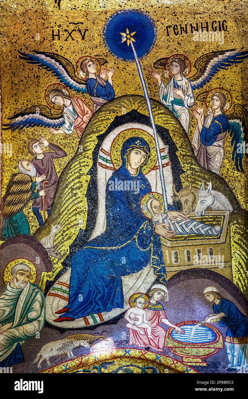 12th century Byzantine mosaics with the representation of the nativity ...