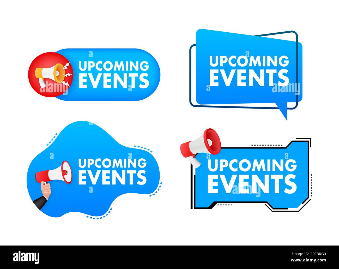 Megaphone label set with text upcoming event. Megaphone in hand ...