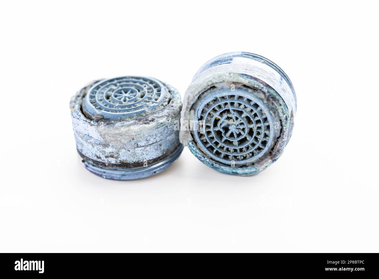 Dirty faucet aerator with limescale, calcified shower water tap with ...