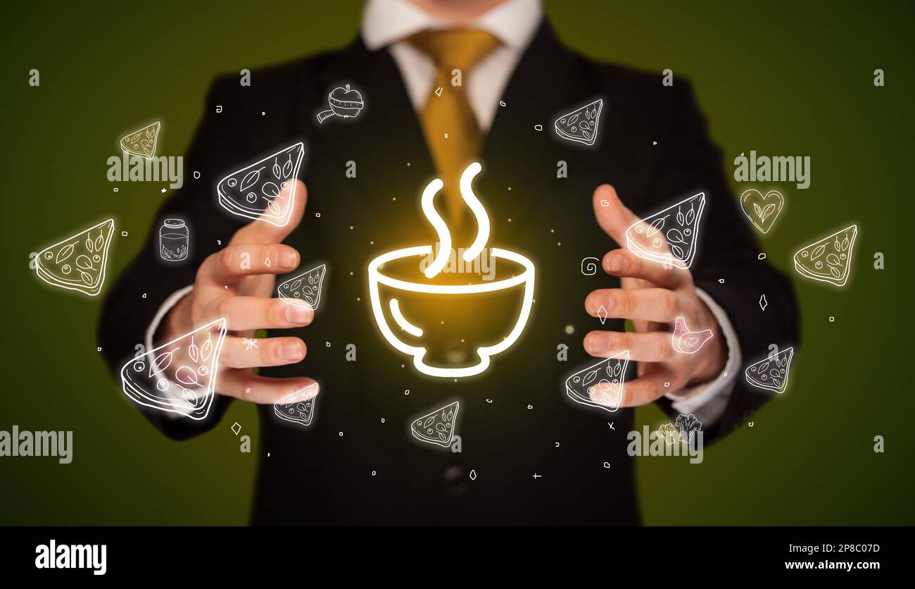 Hand holding food related icons Stock Photo - Alamy