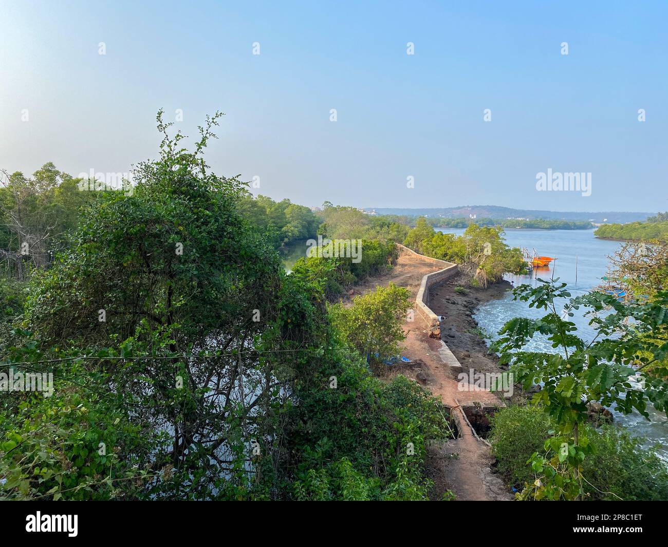 Aerial view of the landscape of the Nerul river with the remnants of an ...