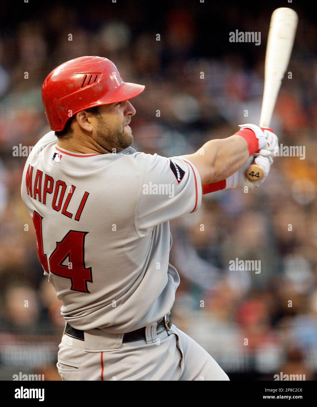 Los Angeles Angels' Mike Napoli swings for a three-run home run off San ...