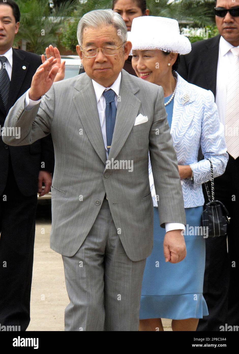 Japan's Prince Hitachi and his wife Princess Hanako wave to Japanese ...
