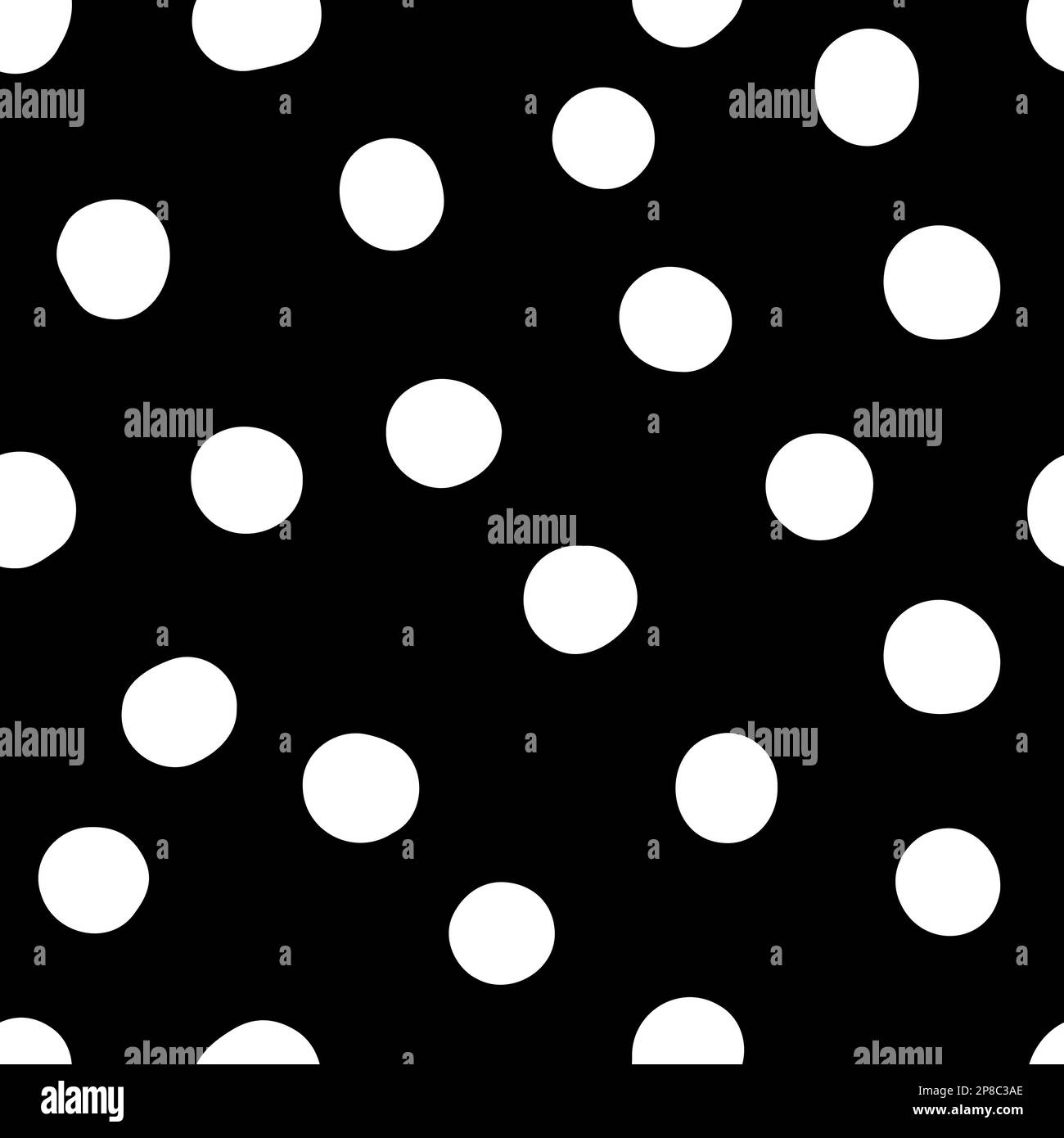 Seamless neutral polka dots pattern. White hand-drawn circles on Black background. Abstract ...