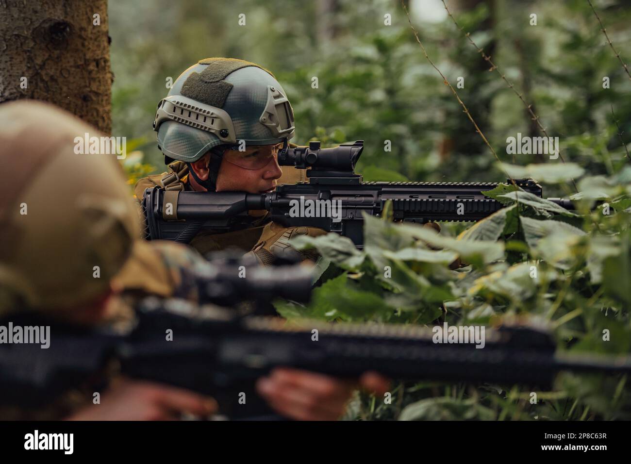 A modern warfare soldier on war duty in dense and dangerous forest ...