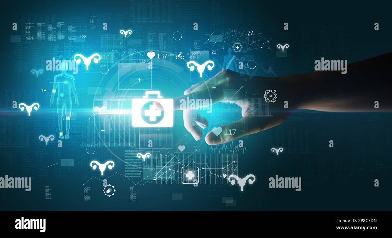 Doctor hand pressing futuristic health device with medical symbol on screen Stock Photo - Alamy