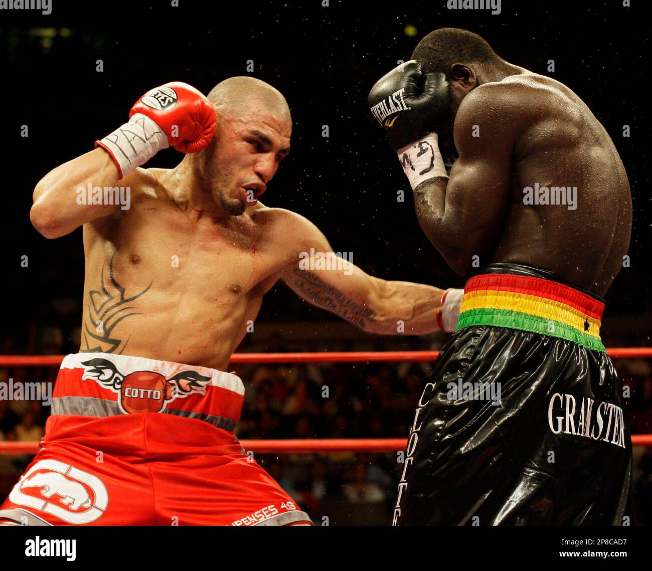 Miguel Cotto, of Puerto Rico, lands a body shot while fighting Joshua ...