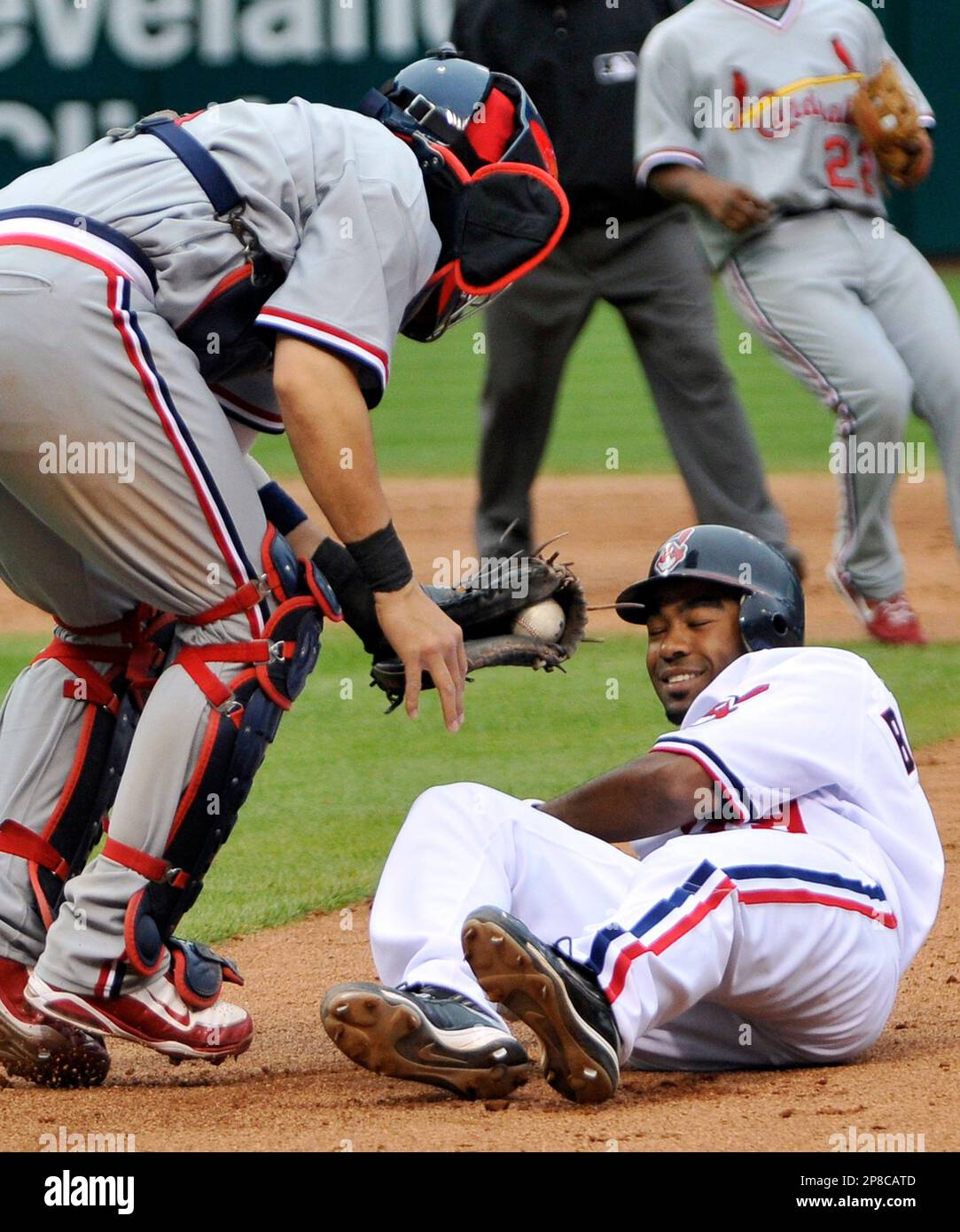 Cleveland Indians' Josh Barfield, right, is tagged out by St. Louis ...