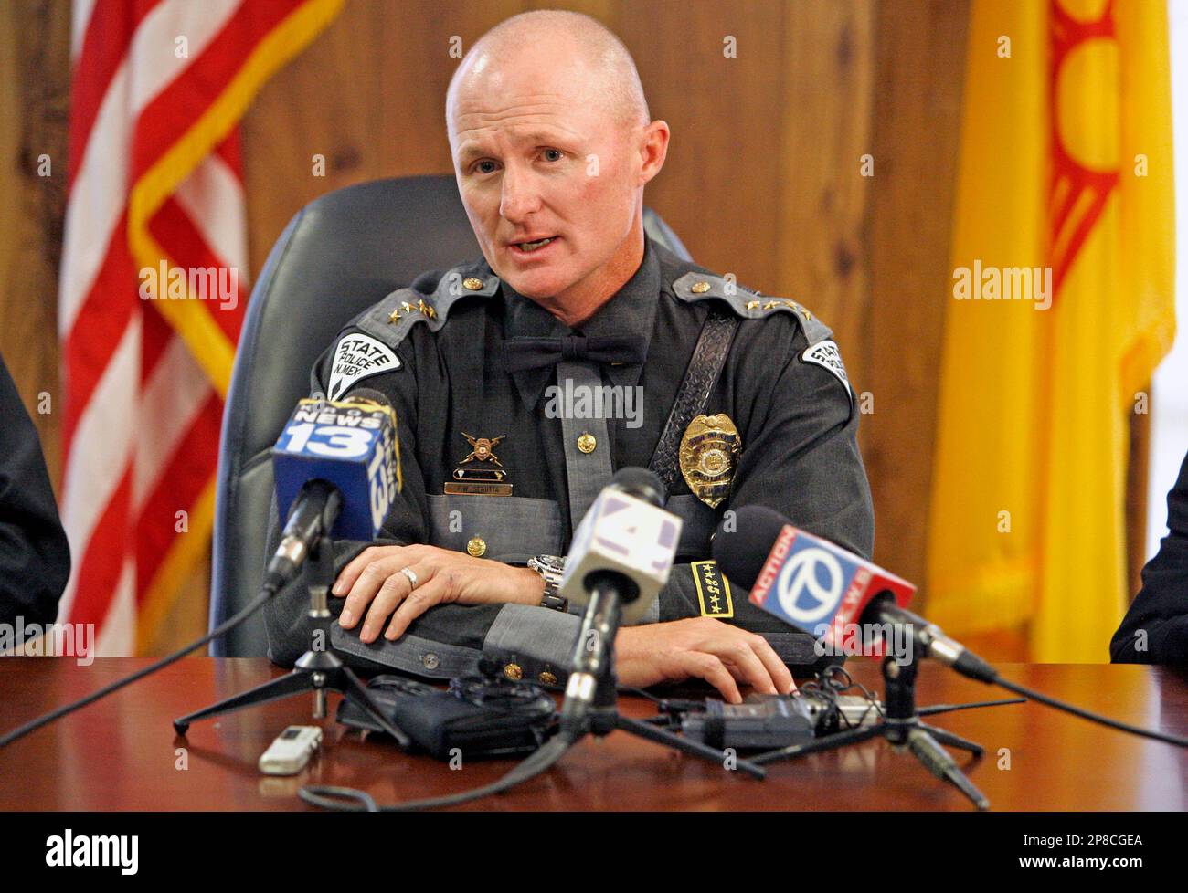 Faron Segotta, Chief of the State Police Department, speaks with media ...