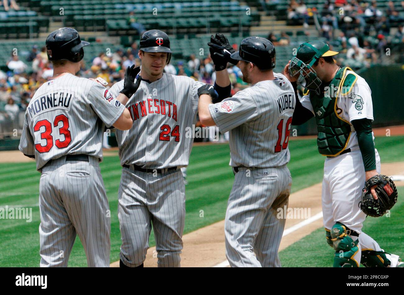 Minnesota Twins' Joe Crede, second from left, is congratulated after ...