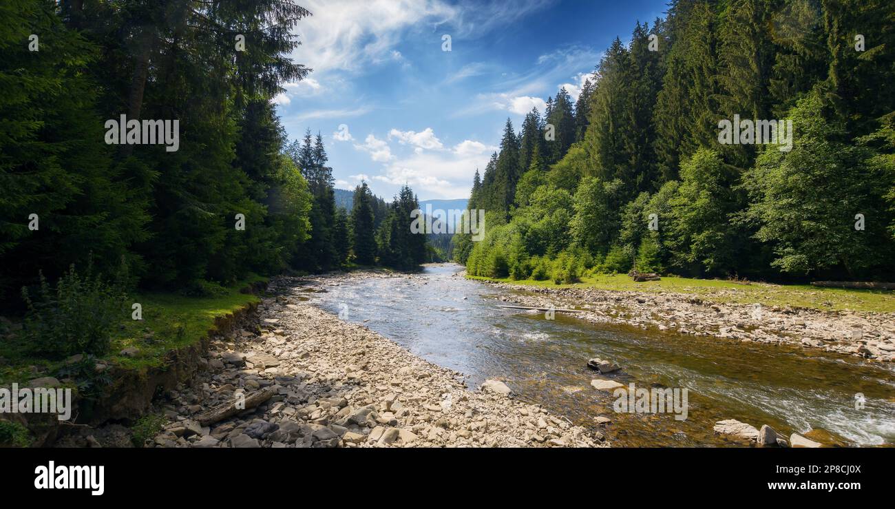 mountain landscape with river. green environment background Stock Photo ...