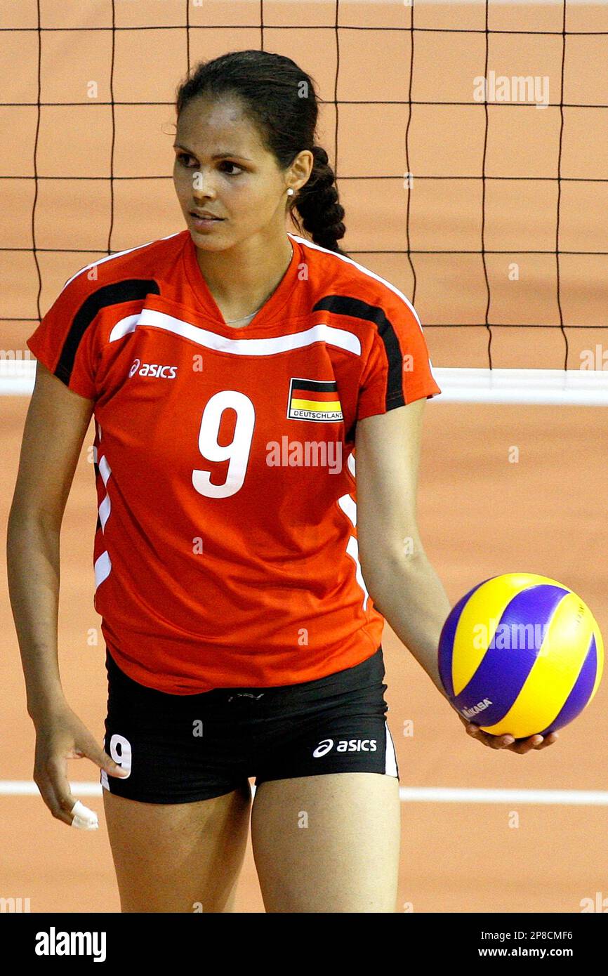 Germany's volleyball player Kathy Radzuweit controls the ball during ...