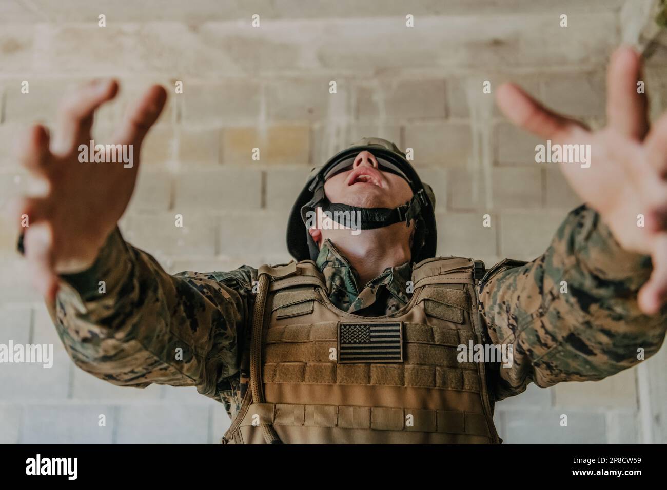 Success in the war campaign. A soldier with raised hands celebrates the ...