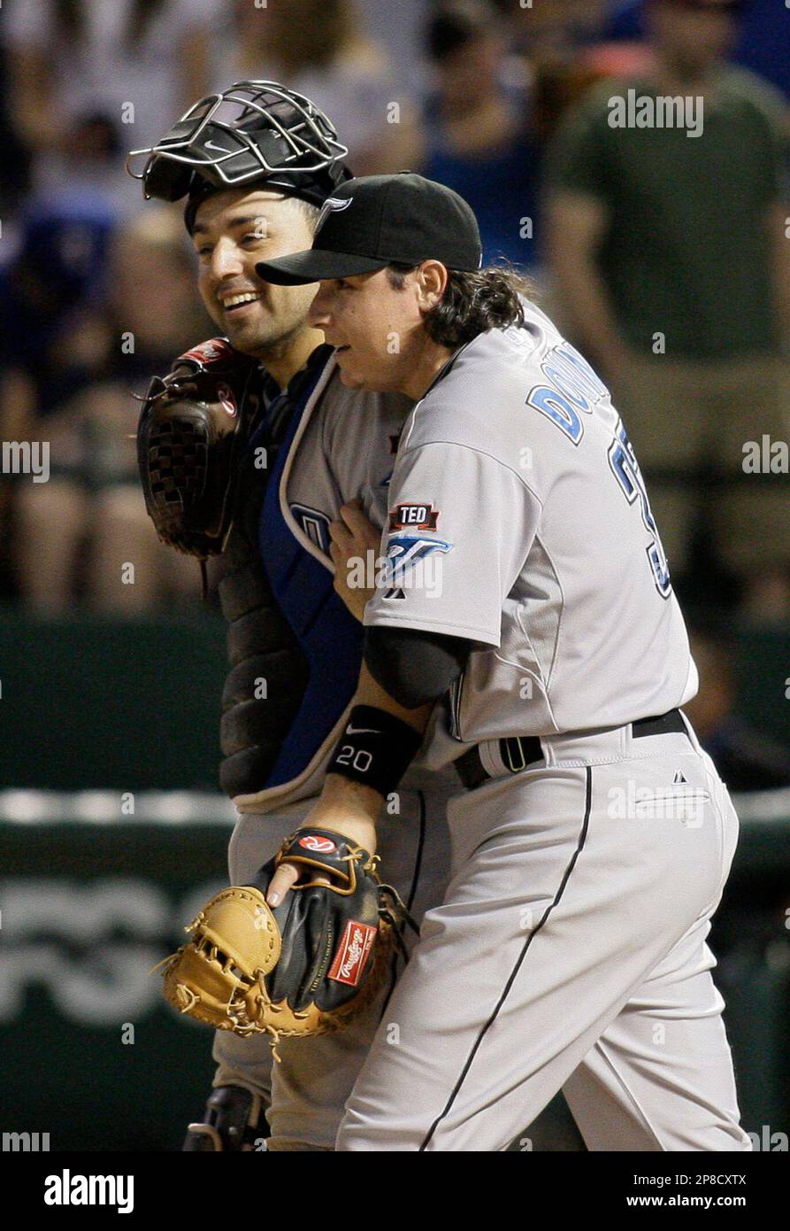 Toronto Blue Jays pitcher Scott Downs, right, and catcher Rod Barajas ...