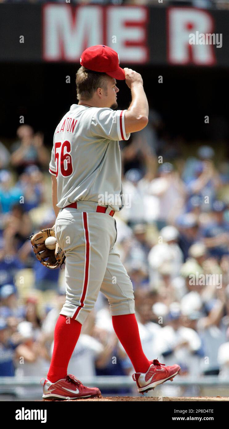 Philadelphia Phillies starting pitcher Joe Blanton reacts after giving ...