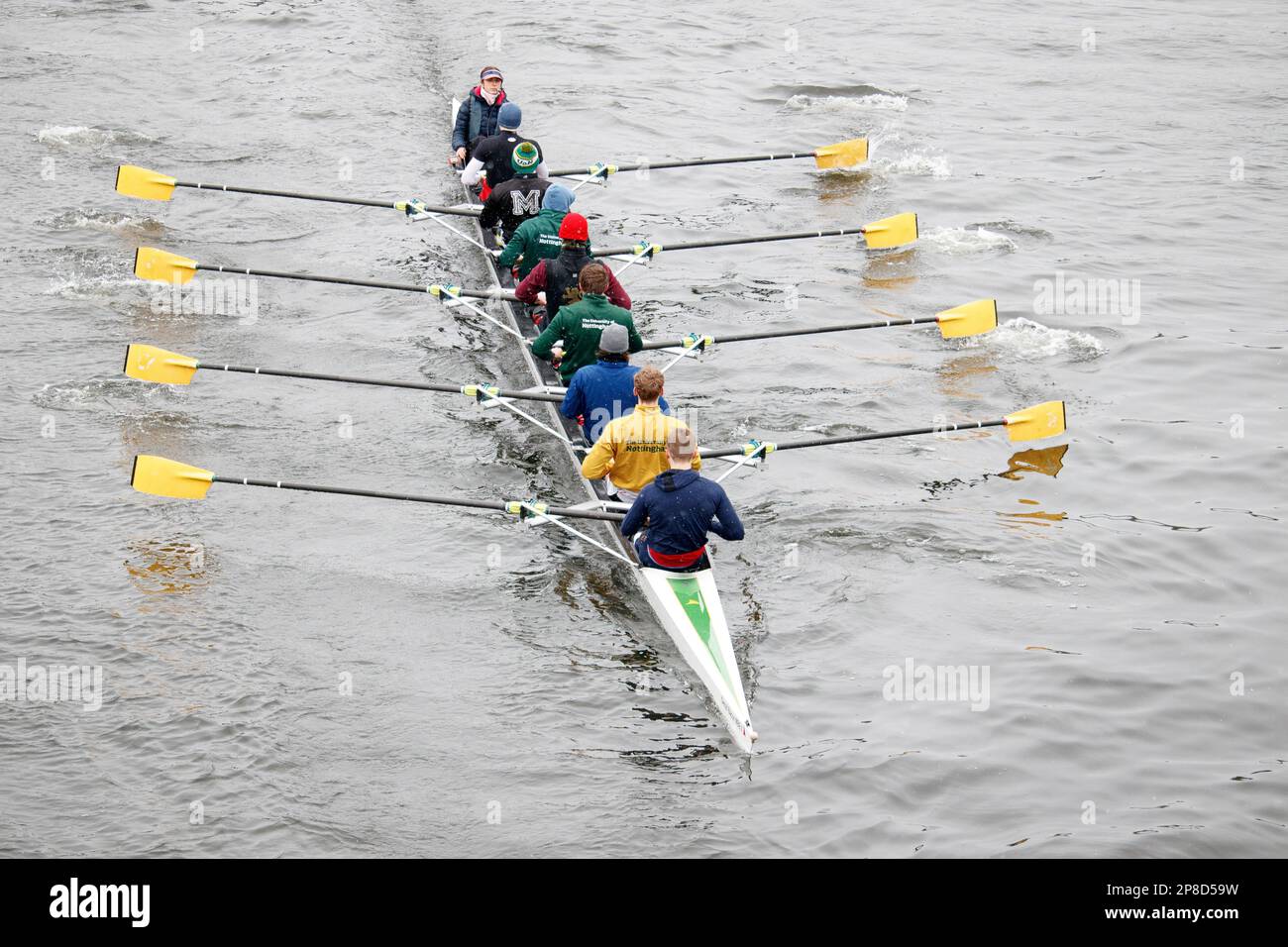Nottingham University students rowing along the River Trent on a cold ...