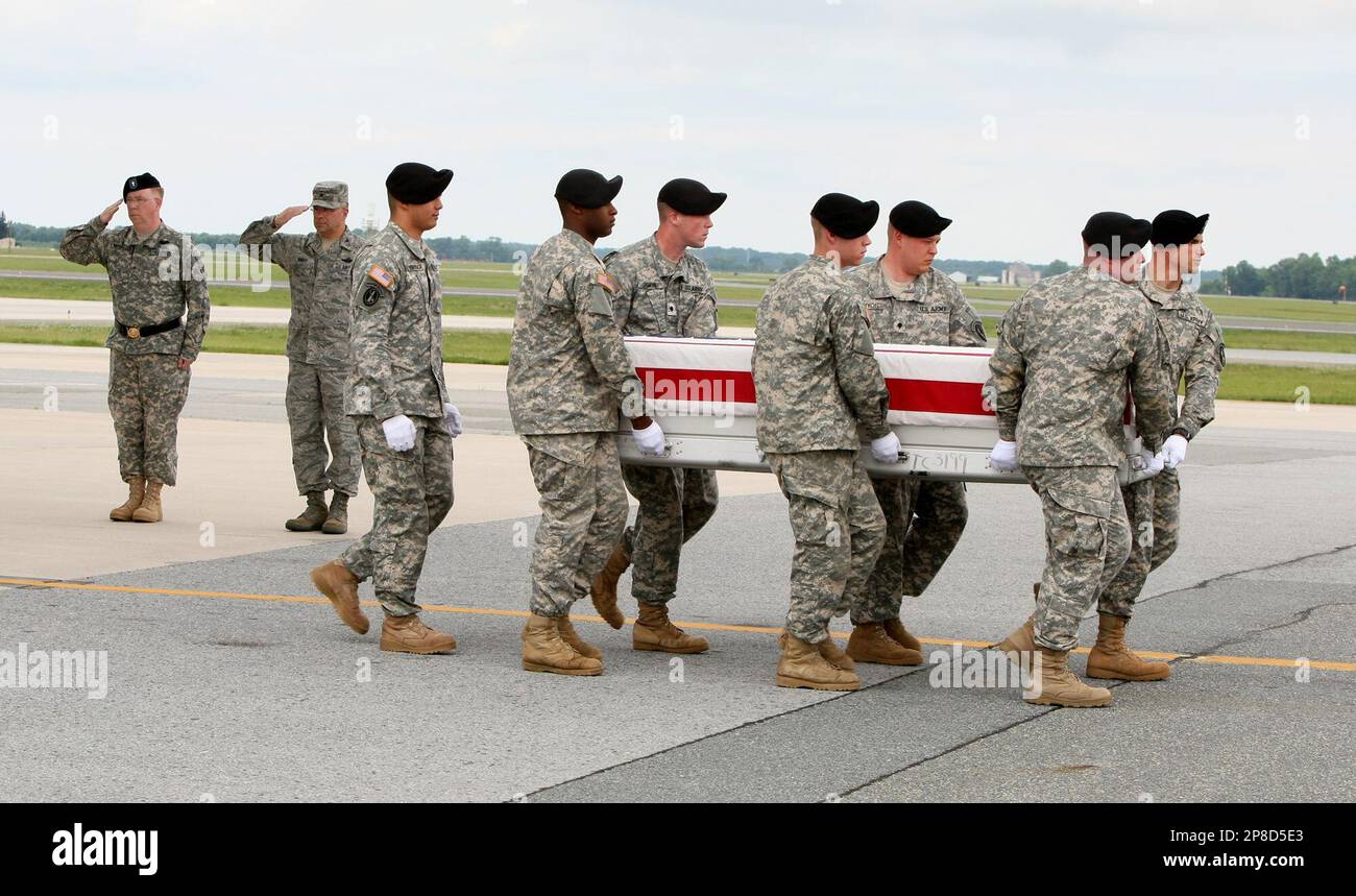 An Army carry team carries the transfer case containing the remains of ...