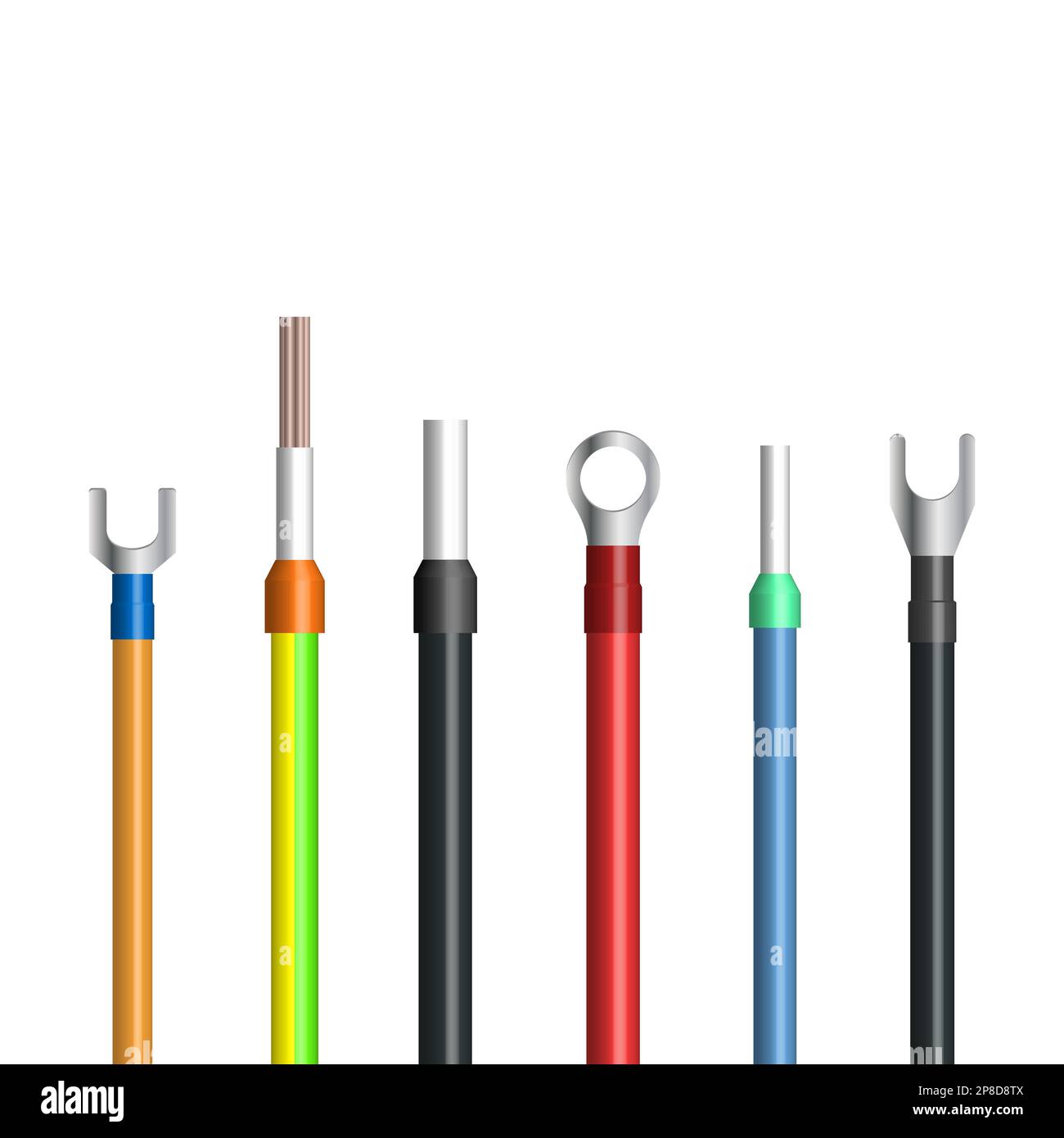 Set of different cable lugs with wire isolated on white background. 3D ...