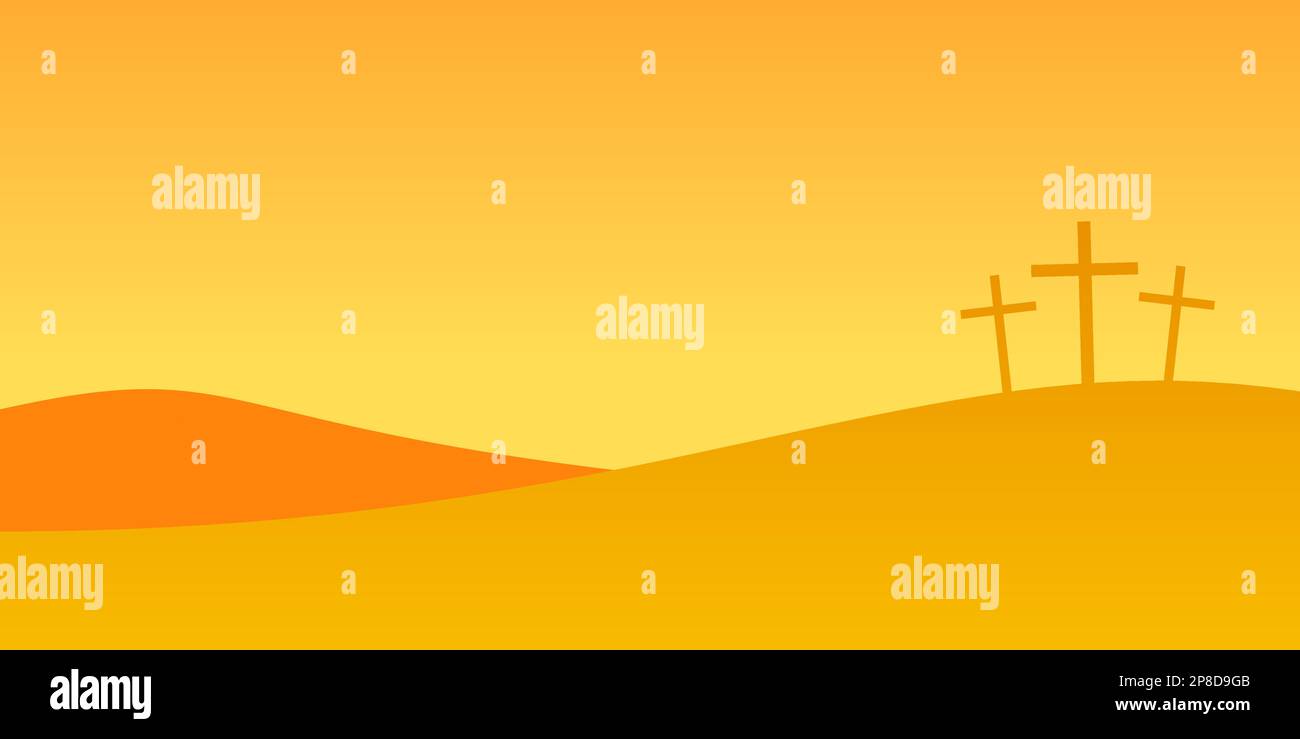 Three crosses on Golgotha Mountain. Easter concept vector illustration with crosses on Calvary ...