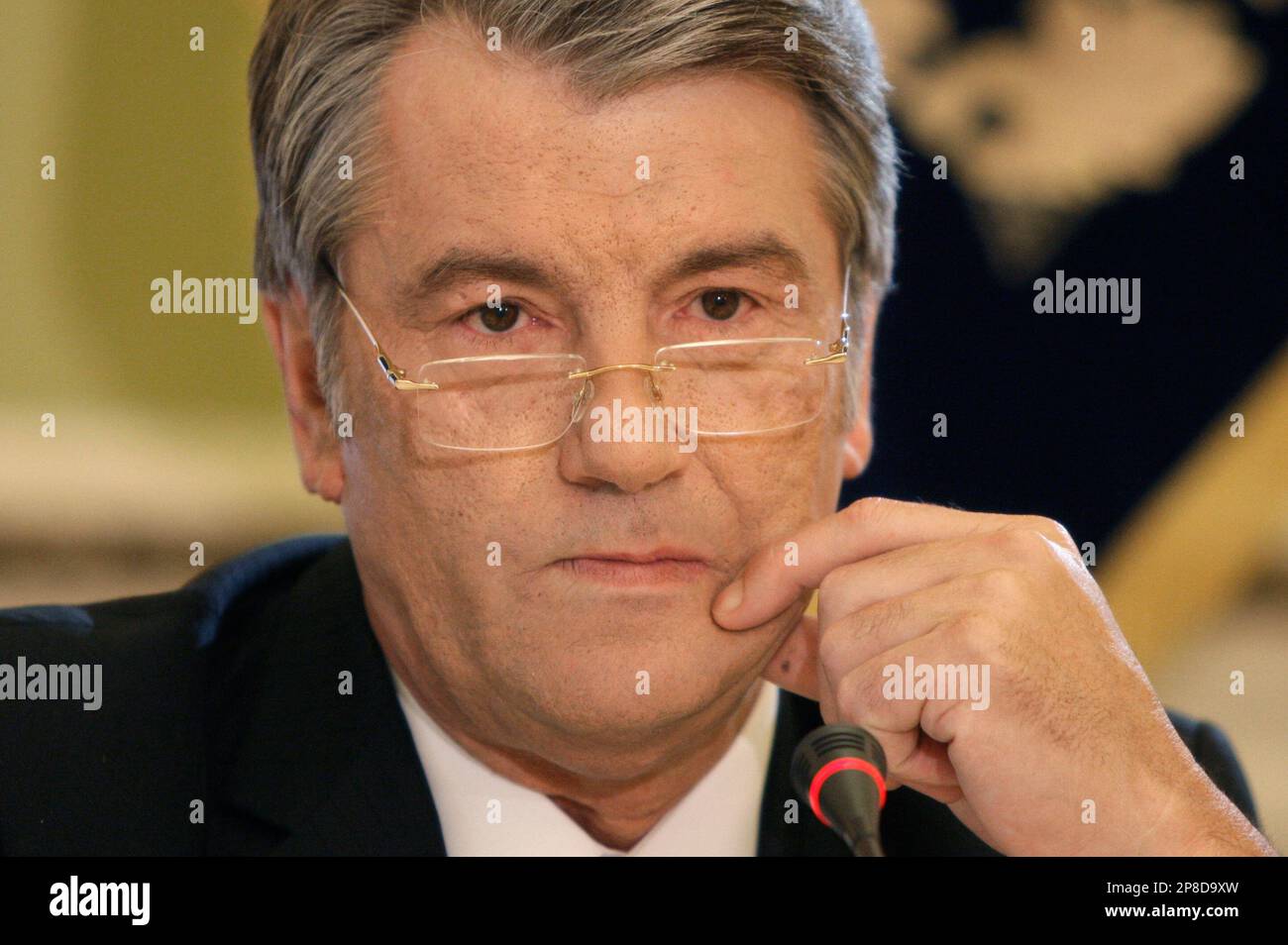 Ukrainian President Viktor Yushchenko seen, during at a news conference ...