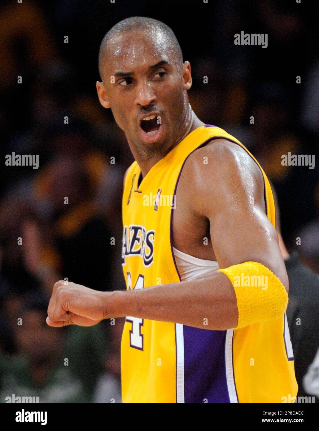 Los Angeles Lakers guard Kobe Bryant (24) reacts during the second half ...