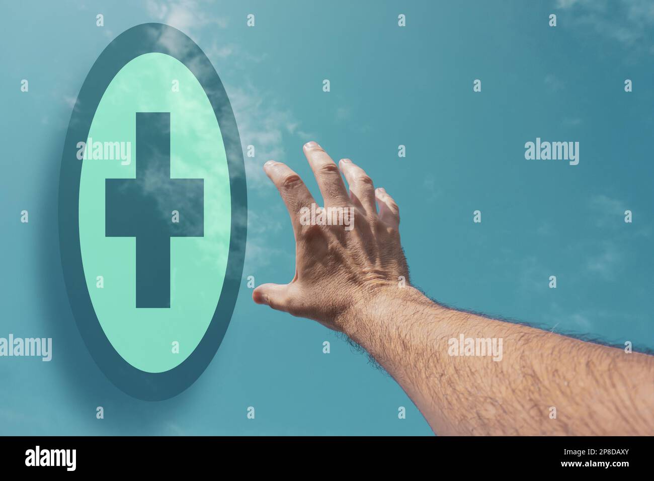 hand pointing at pharmacy icon, health insurance Stock Photo - Alamy