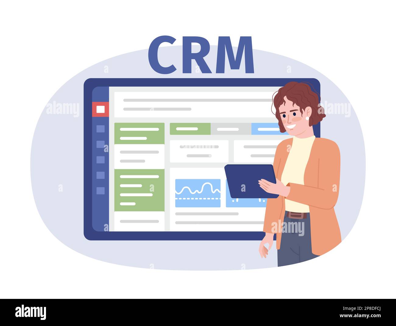 Salesperson using CRM software for sales flat concept vector spot ...