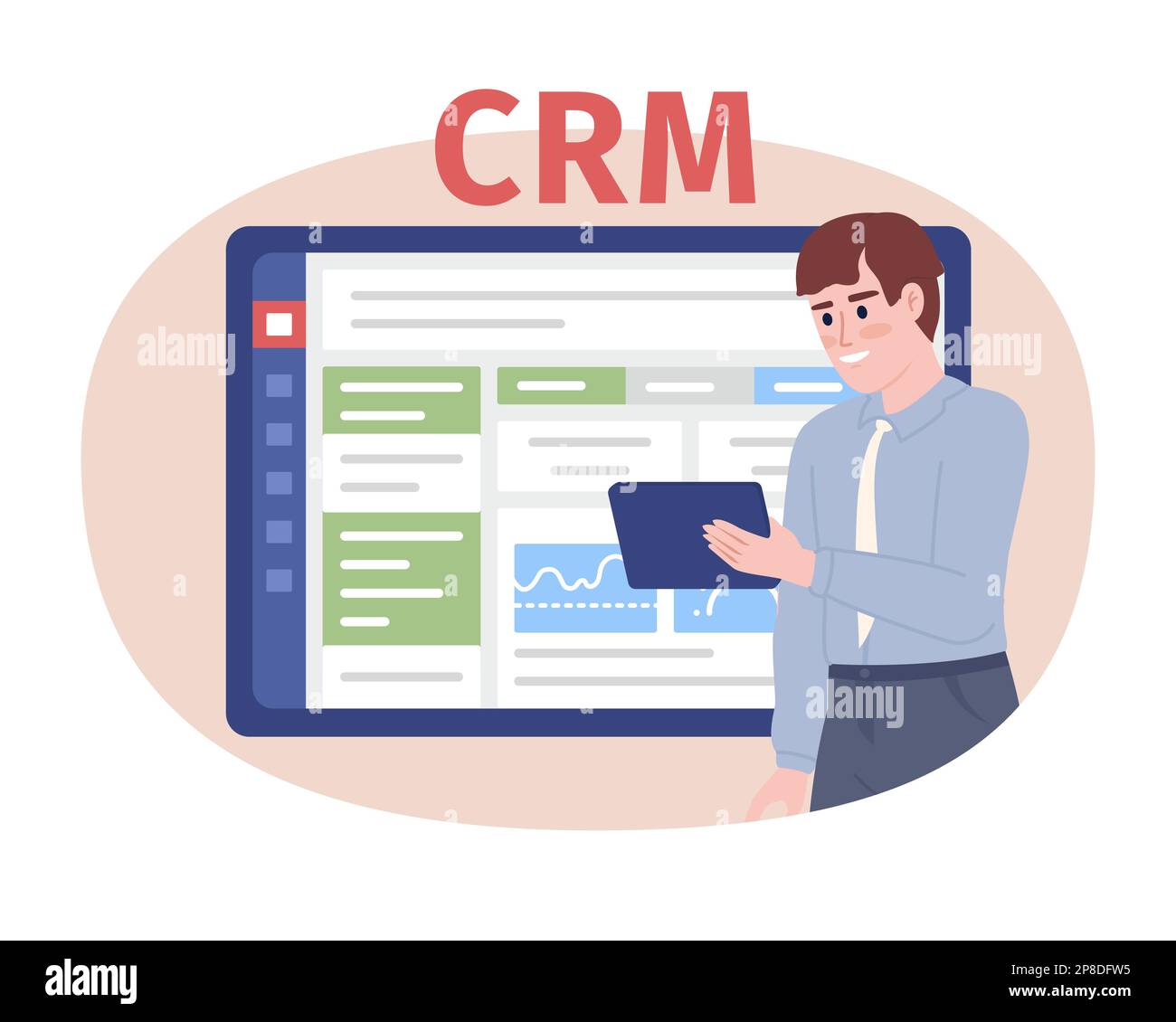Using CRM system on tablet flat concept vector spot illustration Stock ...