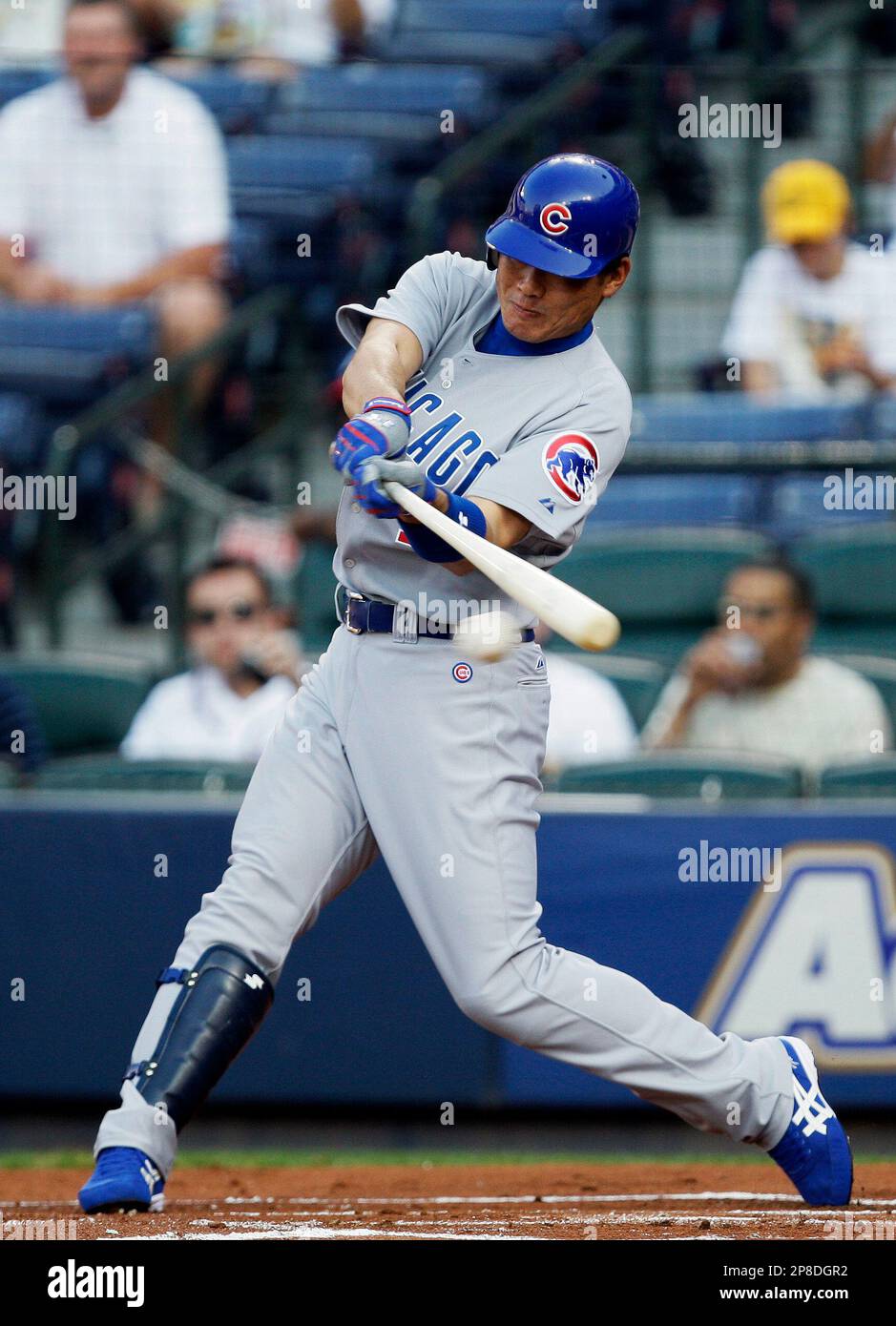 Chicago Cubs' Kosuke Fukudome hits the ball back to the pitcher during ...