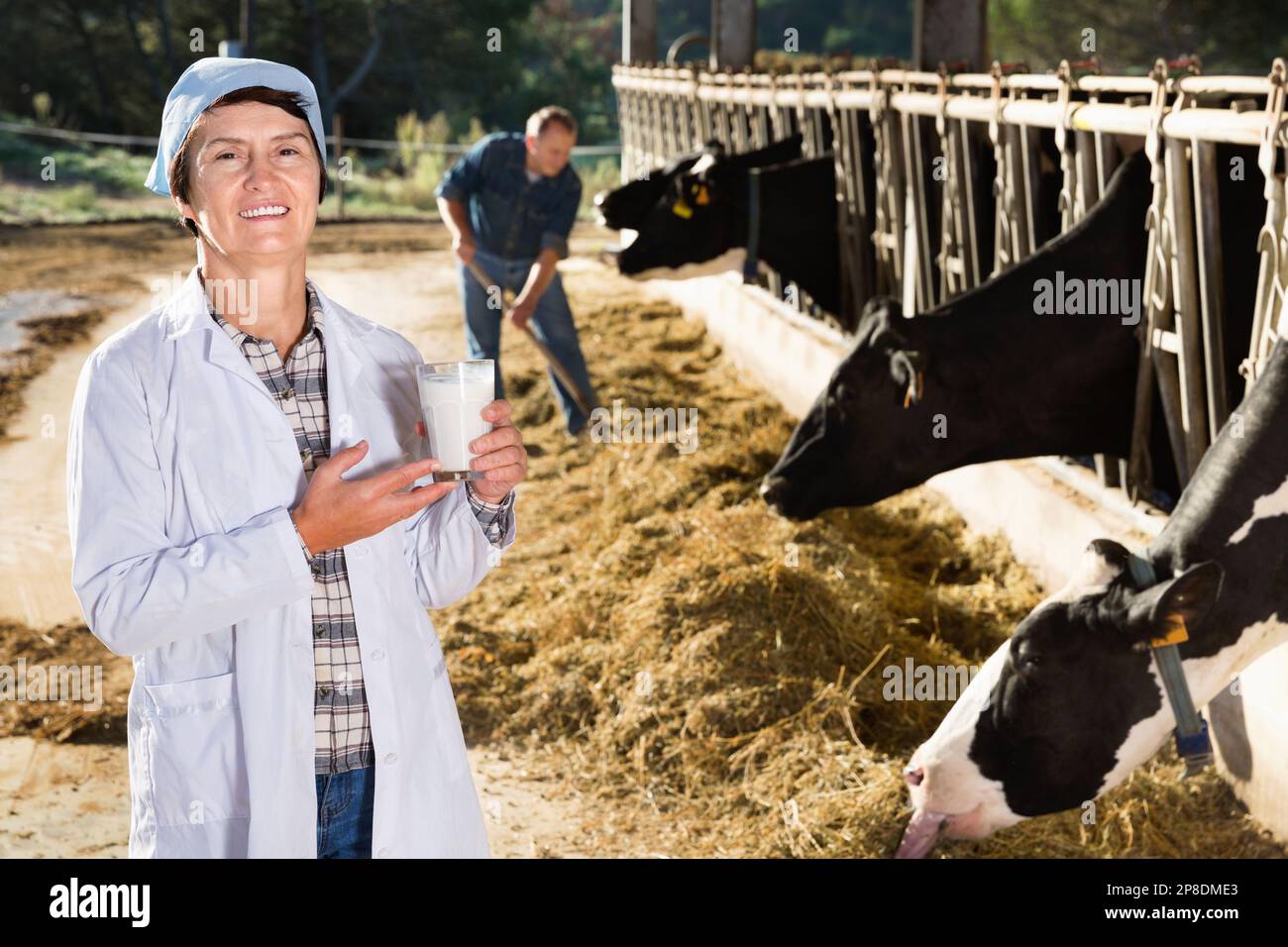 Female farmer is standing with glass of cow milk at the farm Stock ...
