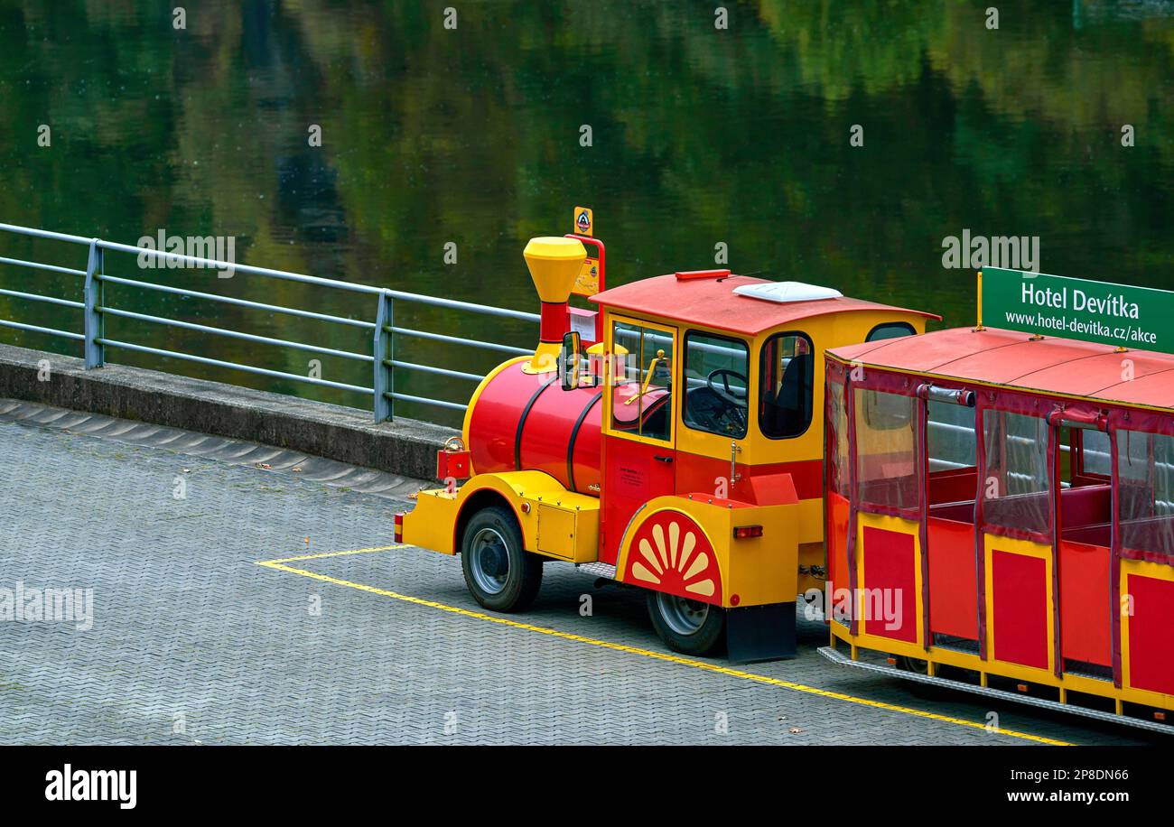 Hotel fun train near Elbe on a rainy day. Hrensko, Czech Republic Stock ...