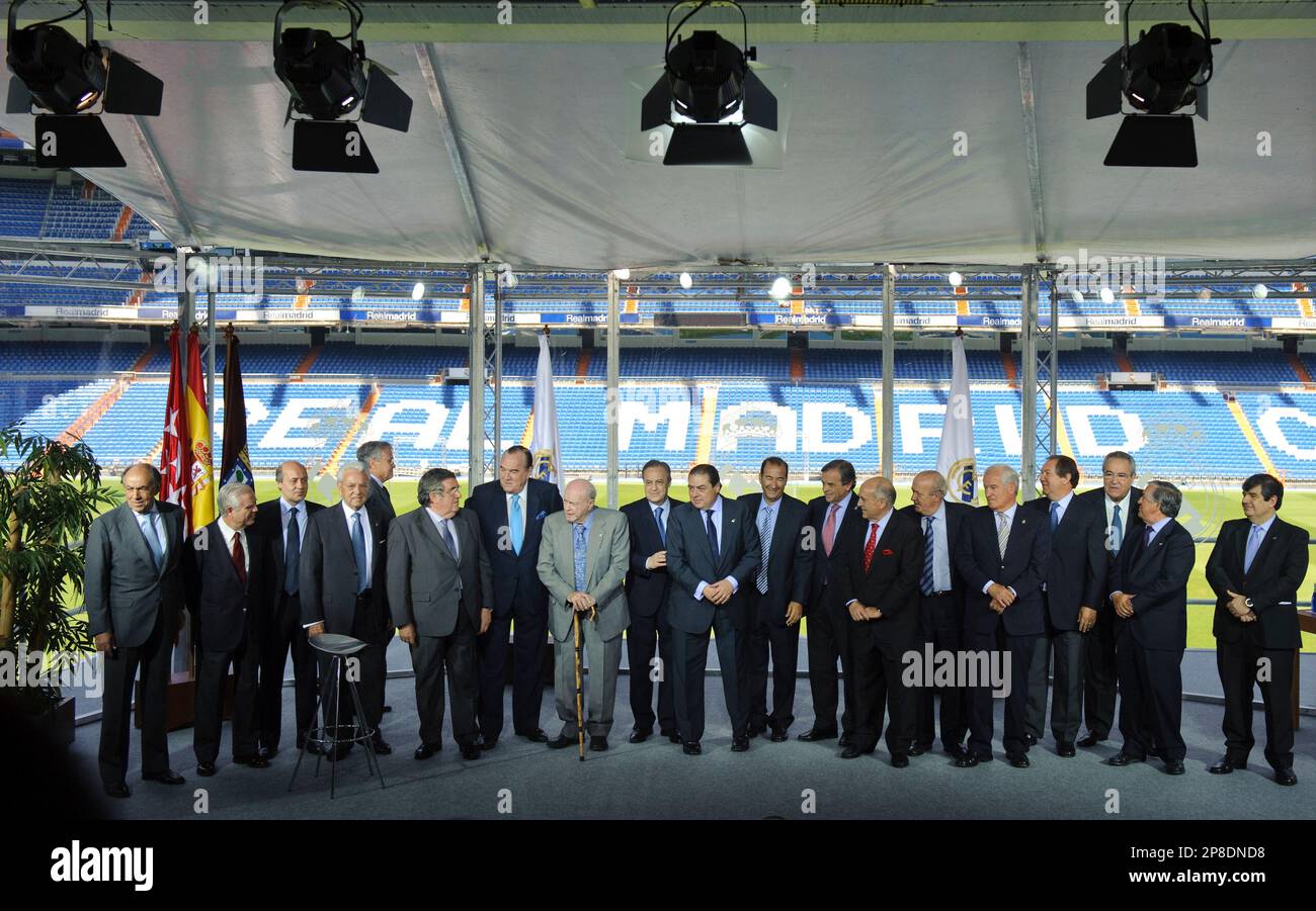 New Real Madrid president Florentino Perez, 9th from left stands with ...
