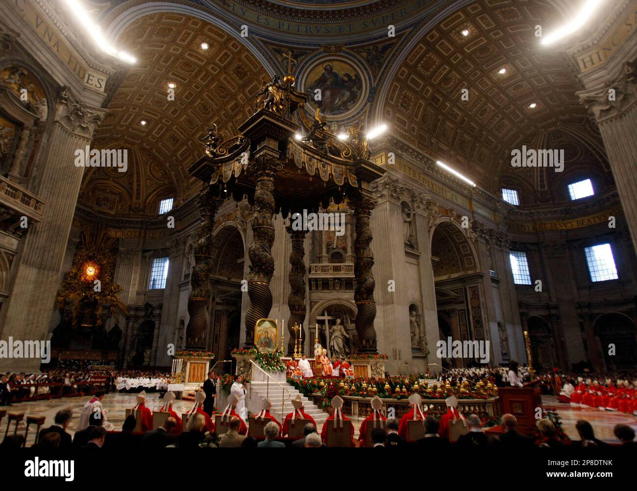 Pope Benedict XVI, figure sitting on throne beneath Bernini's Baldachin ...