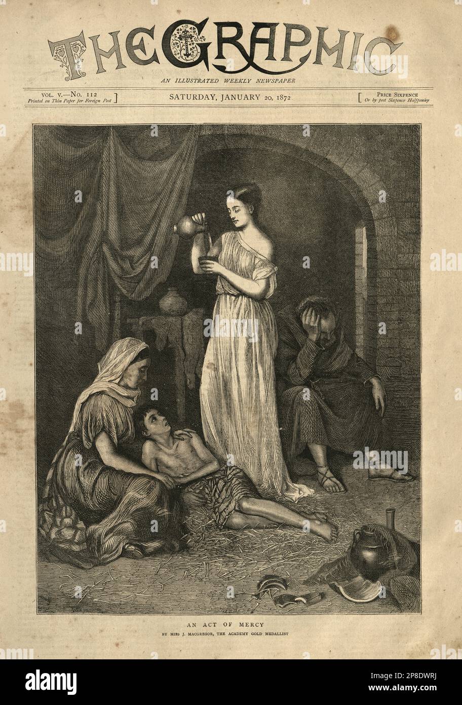 Old Victorian newspaper front page, An act of Mercy after the painting ...