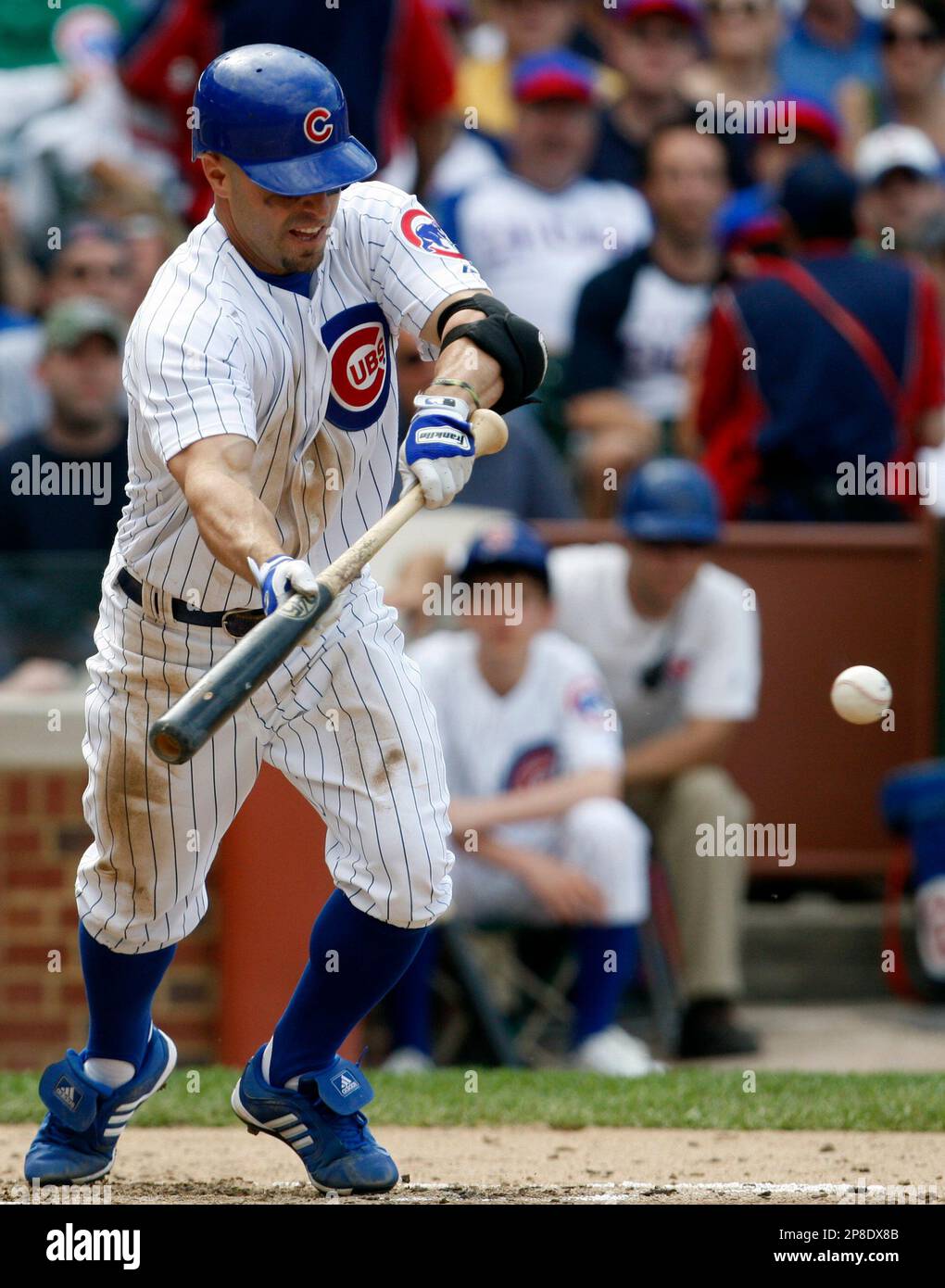 Chicago Cubs' Reed Johnson bunts the ball against the Los Angeles ...