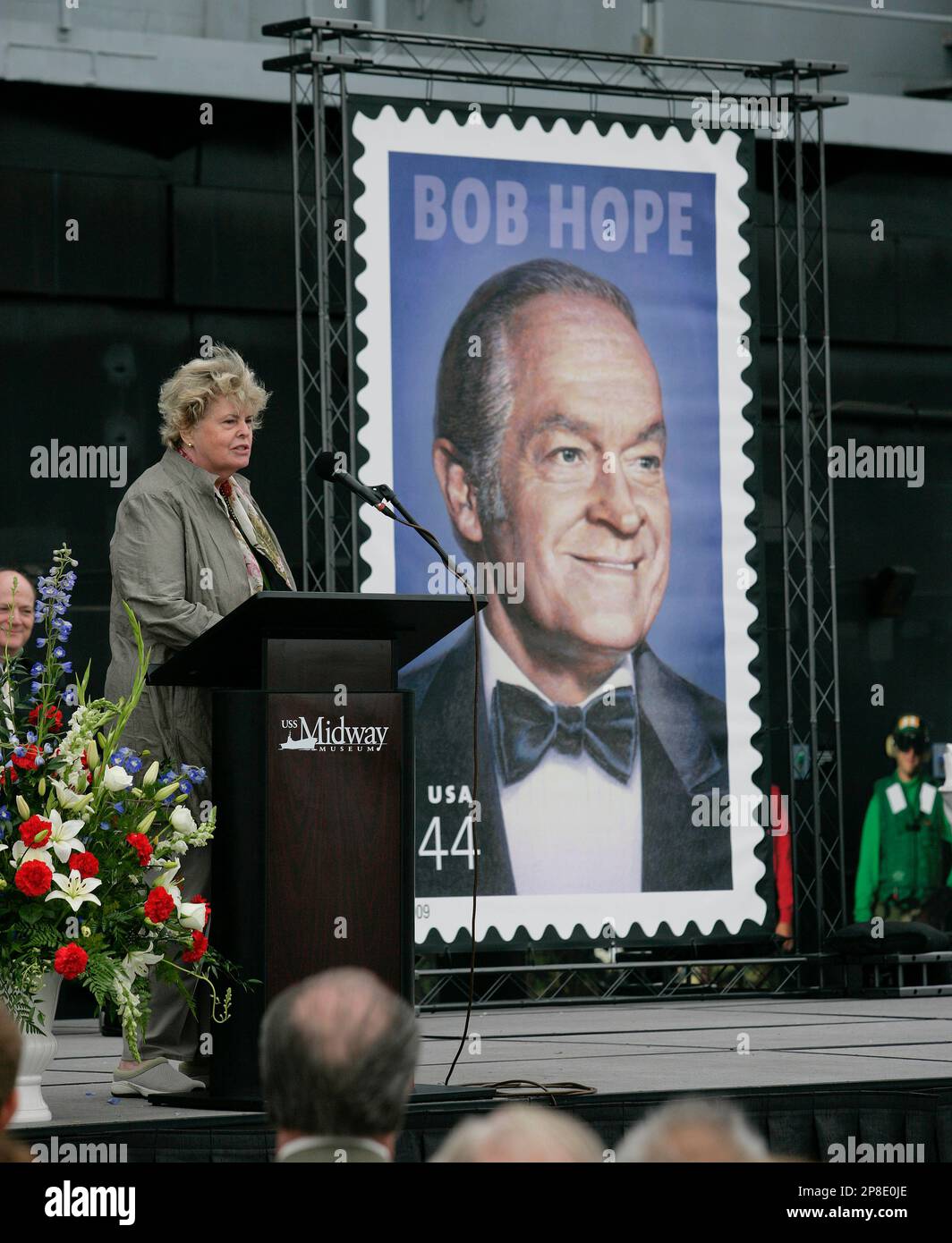 Linda Hope, daughter of Bob Hope, speaks during the unveiling of a 44 ...