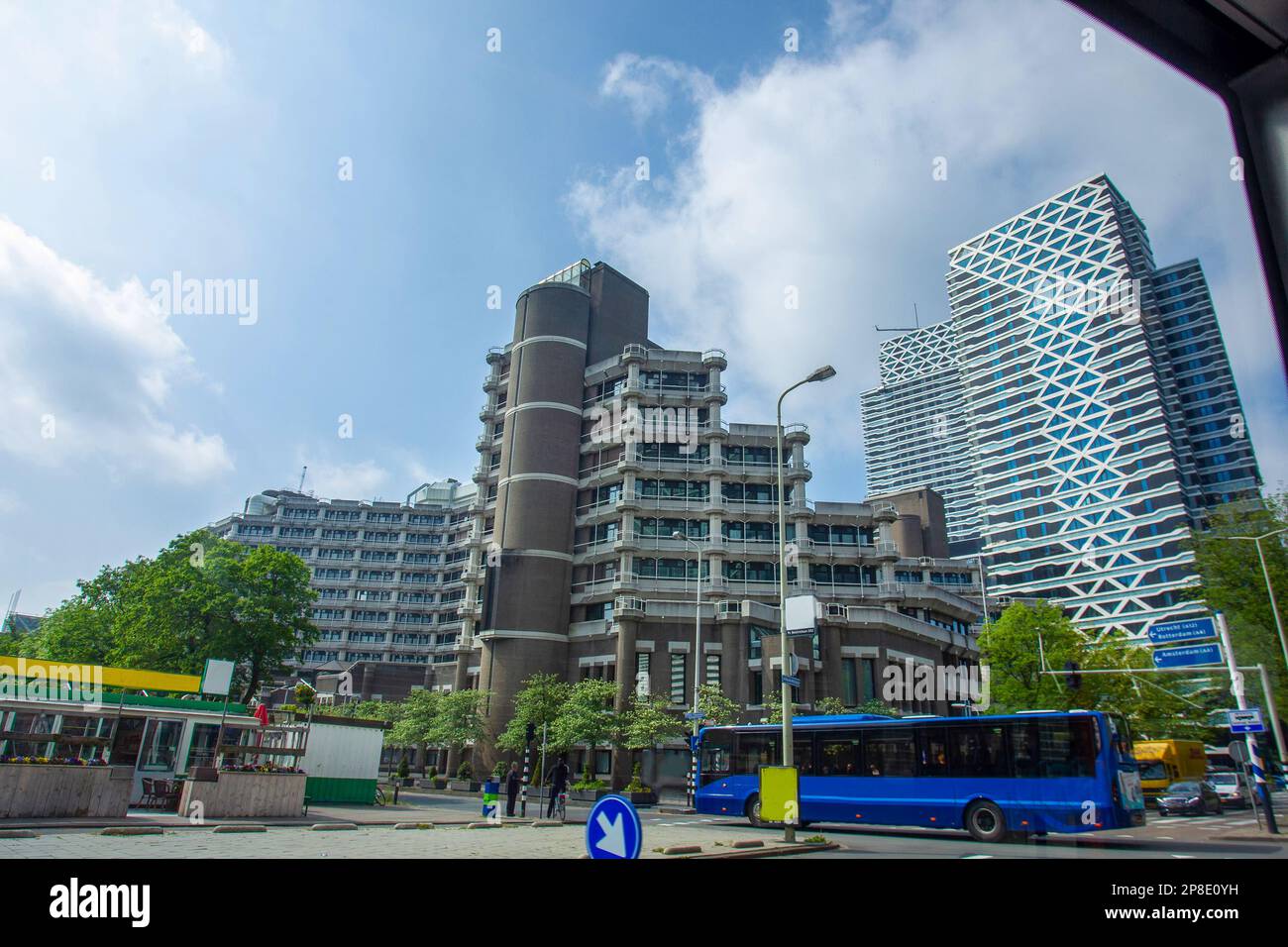 Panorama with some interesting buildings in the Netherlands. Public bus ...