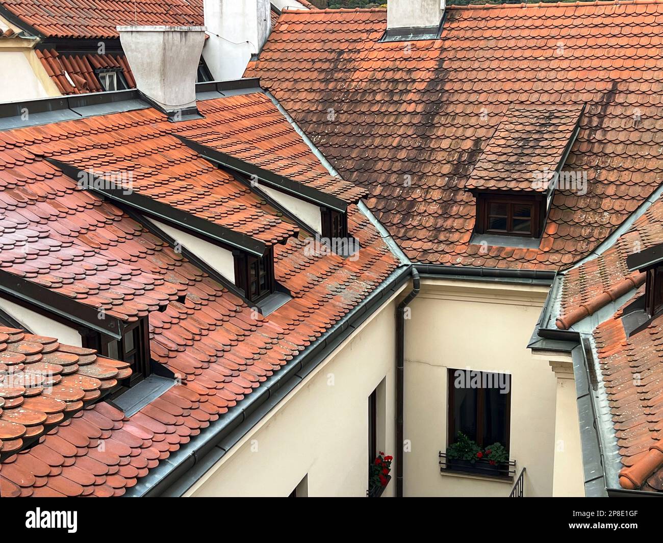 roof, closeup roof tile of house or homes with chimney and dormer ...