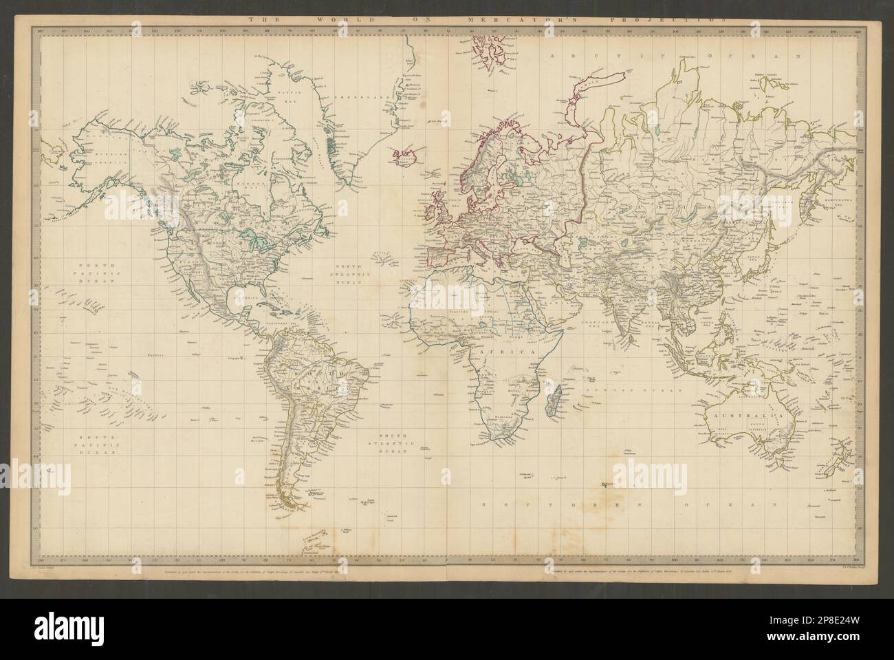 WORLD ON MERCATOR'S PROJECTION. Pre-Mexican-American war. SDUK 1844 old ...