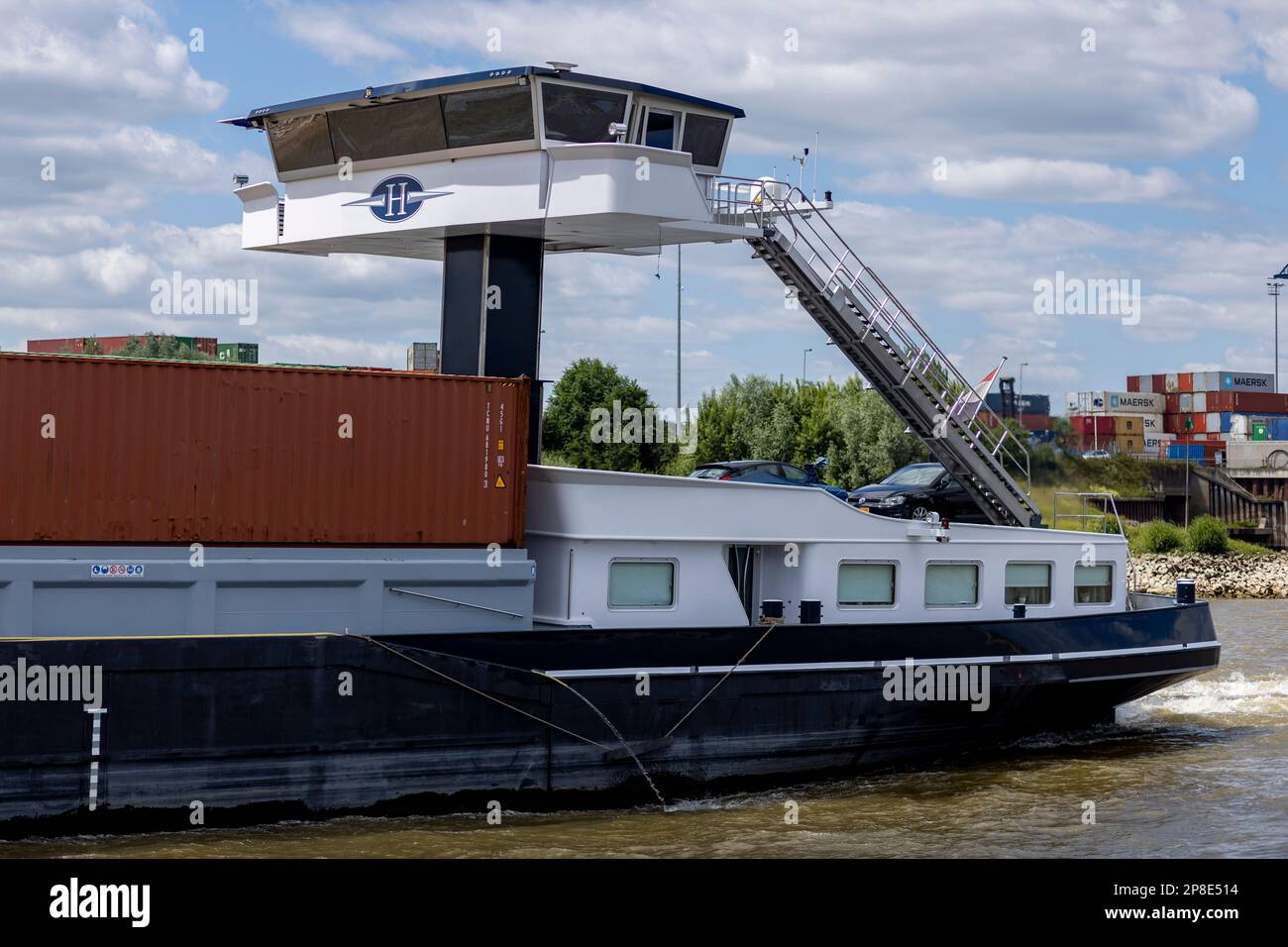 Closeup of Dutch captains cabin inland shipping industry cargo ship on ...