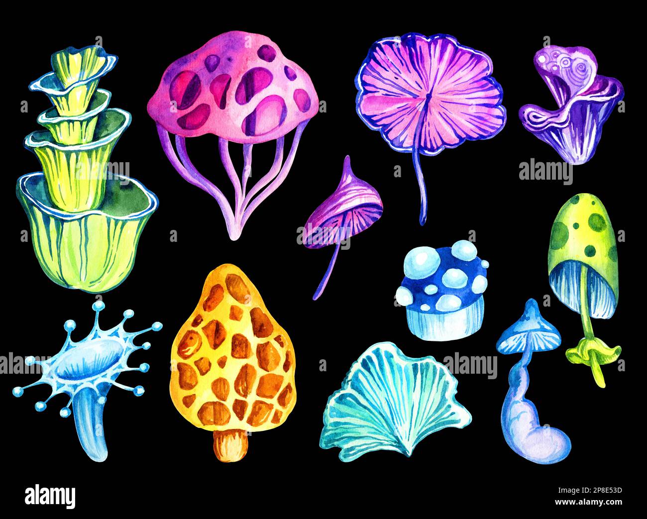watercolor set of fantastic cosmic mushrooms on dark background, hand ...