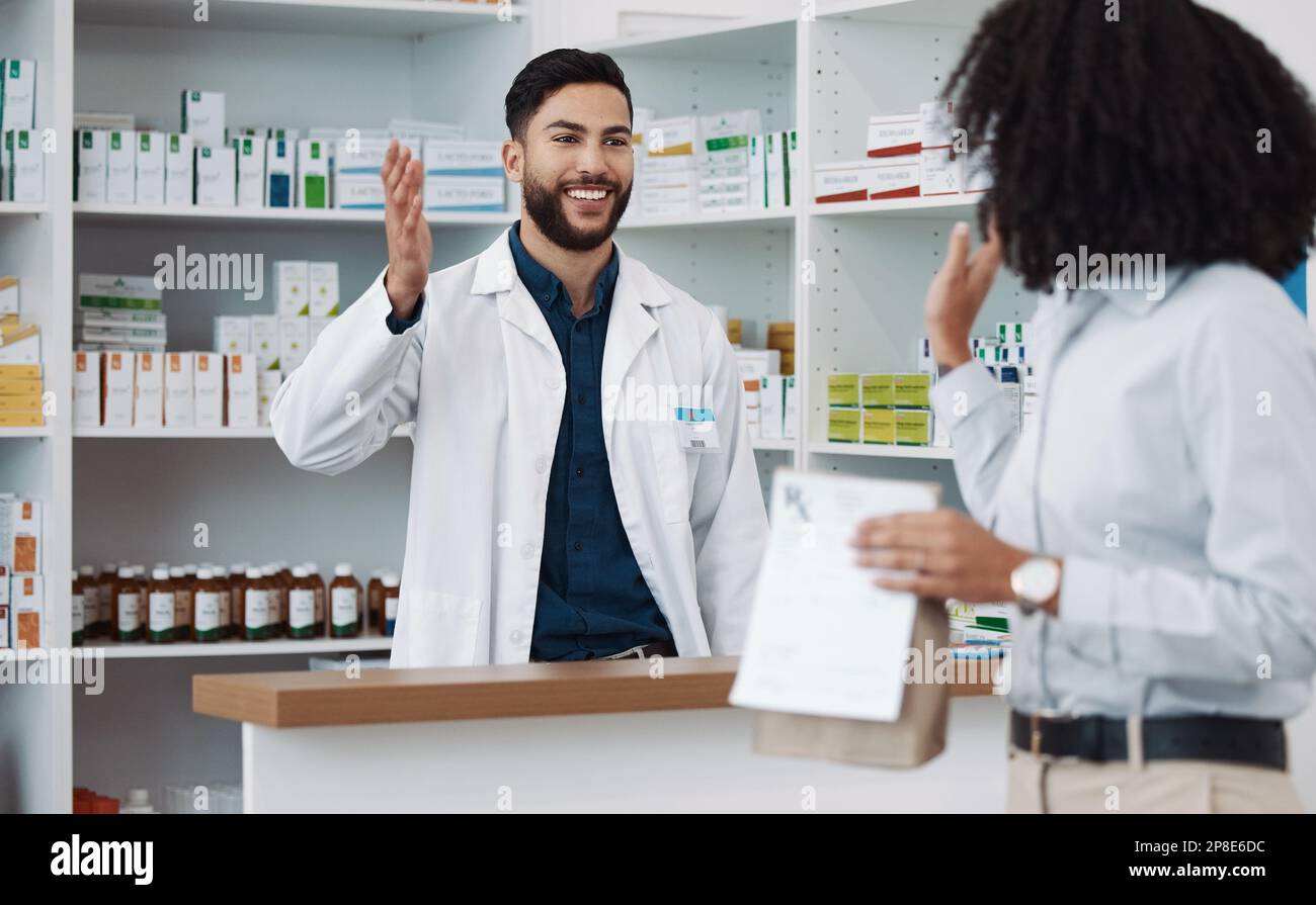 Customer service, counter and pharmacist man with medicine, expert ...