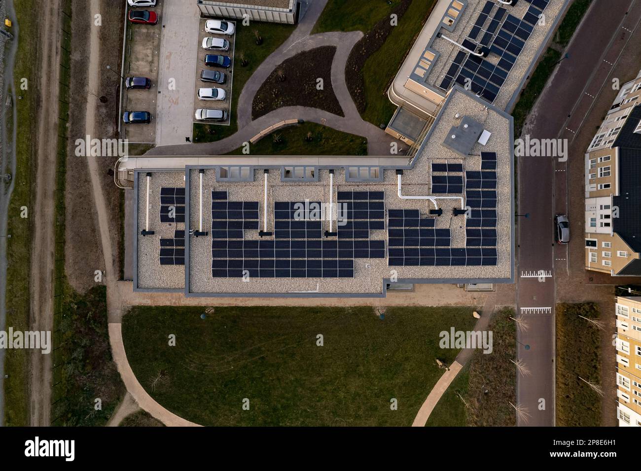 Detail top down view of residential community complex seen from above ...