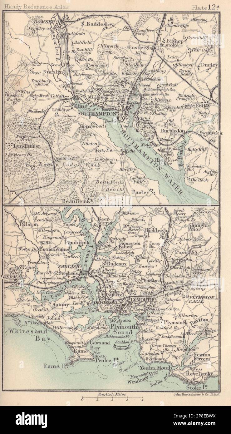 Environs of Southampton & Plymouth. Hampshire. BARTHOLOMEW 1898 old map ...