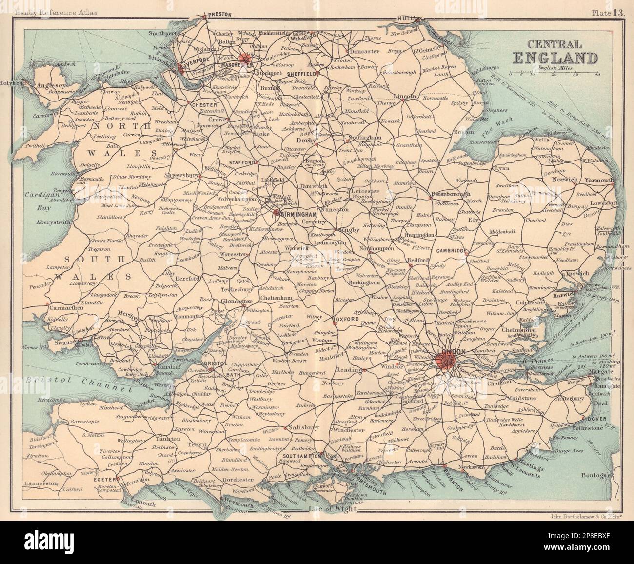 Central England railways. BARTHOLOMEW 1898 old antique vintage map plan ...