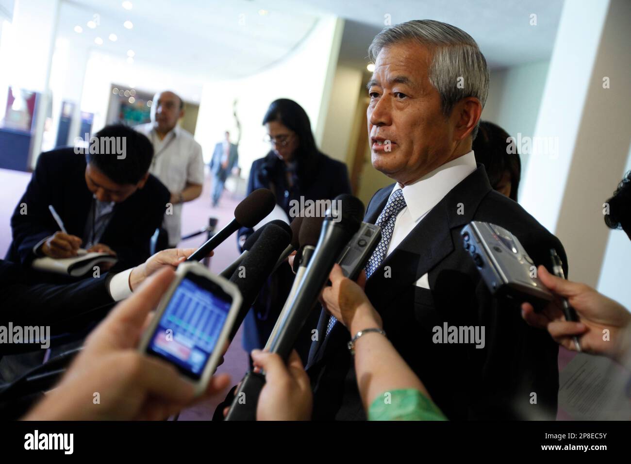 Japanese Ambassador to the United Nations Yukio Takasu speaks to the ...